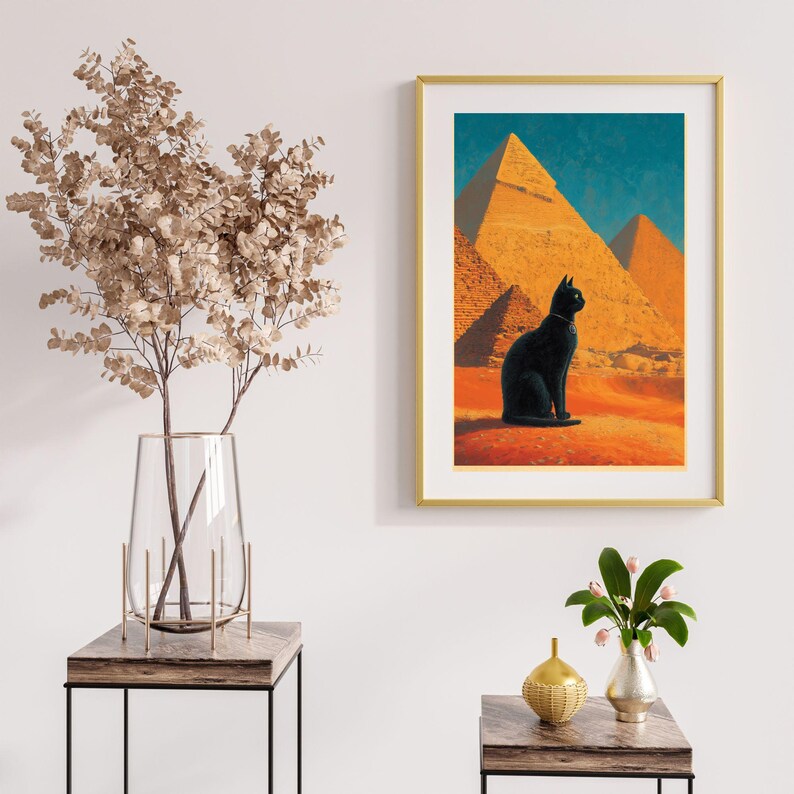 Giza Pyramids Cat Art Print | Bold Color Illustration | Egyptian Black ...