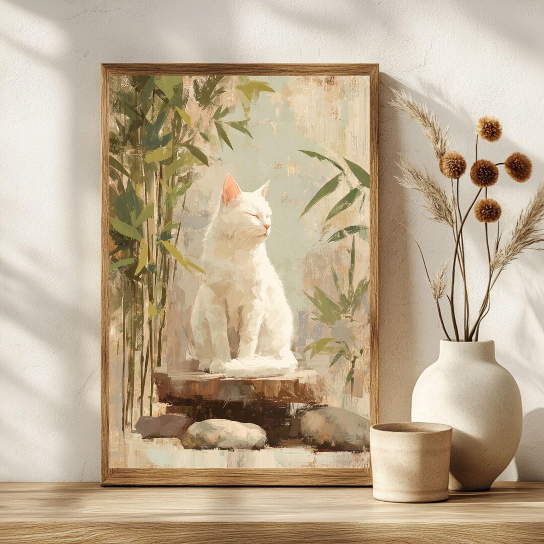 Zen Cat Meditation Art Print | Bamboo Digital Download | Tranquil Wall ...