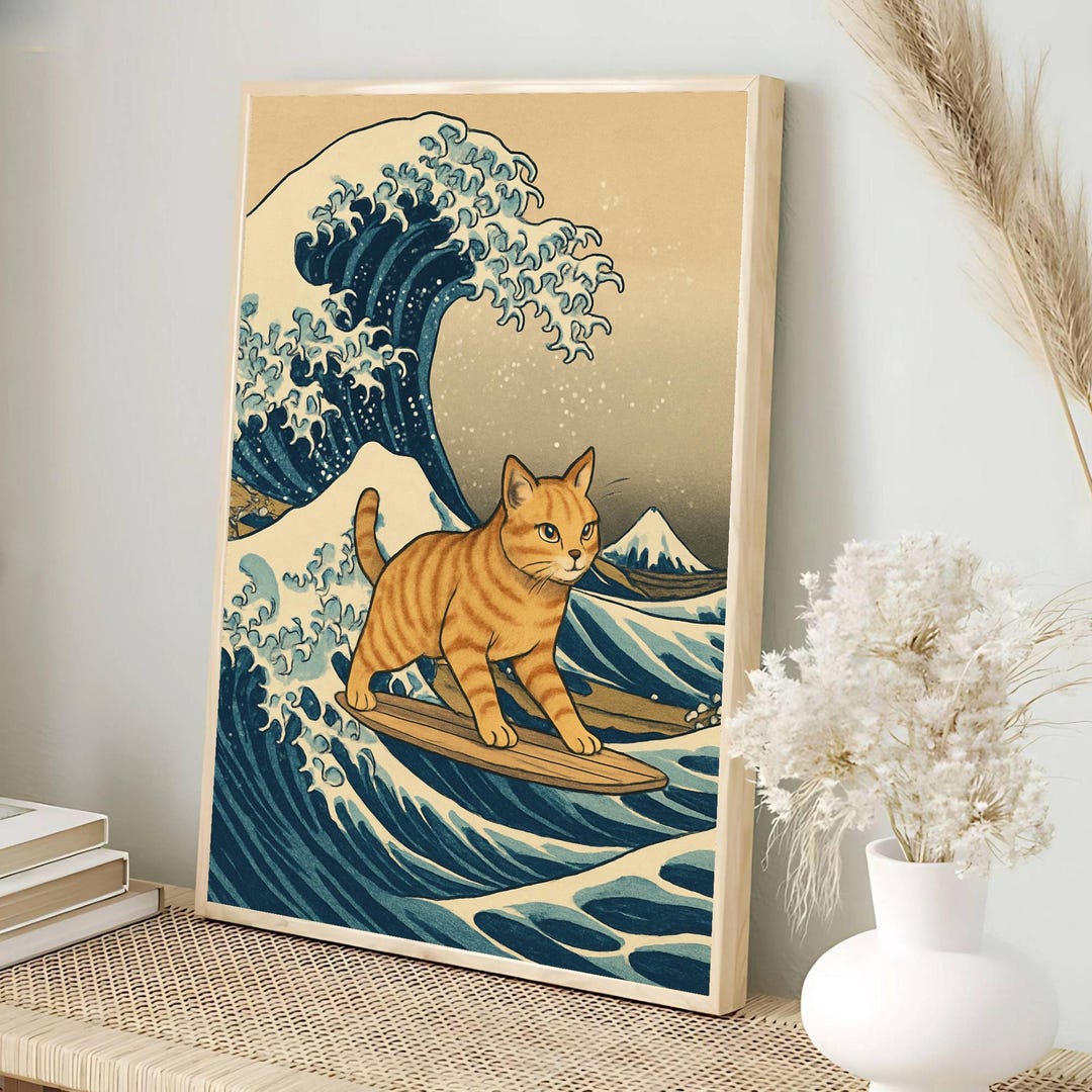 Great Wave Surfing Cat Art Print | Japanese Ukiyo-e Style Digital Print ...