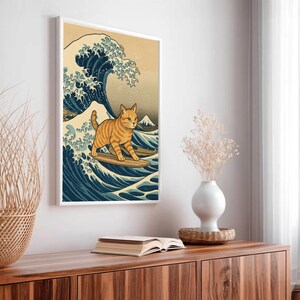 Great Wave Surfing Cat Art Print | Japanese Ukiyo-e Style Digital Print ...