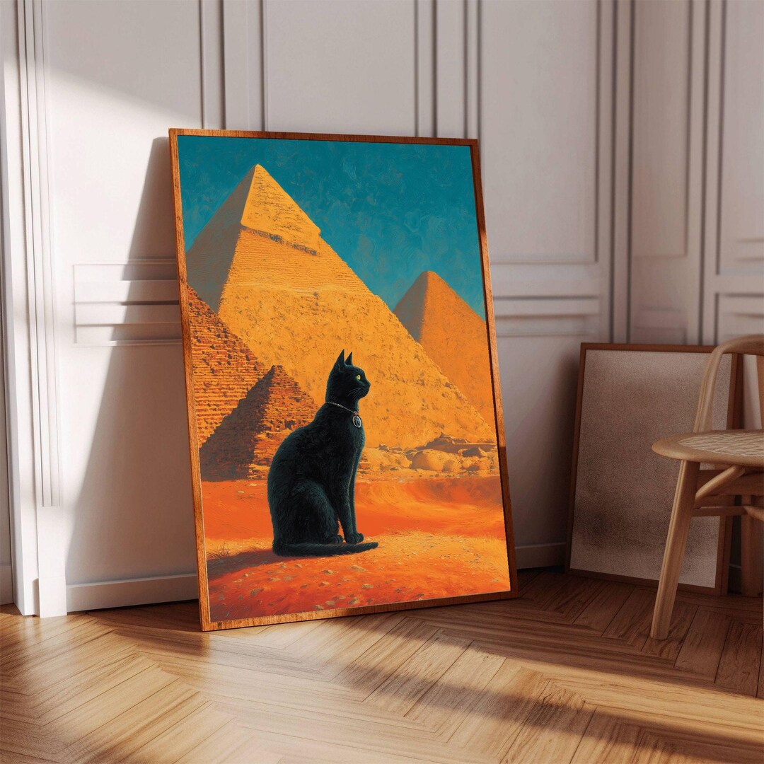 Giza Pyramids Cat Art Print | Bold Color Illustration | Egyptian Black ...