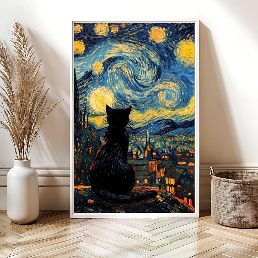 Van Gogh Black Cat Starry Night Poster, Black Cat Art Print ...