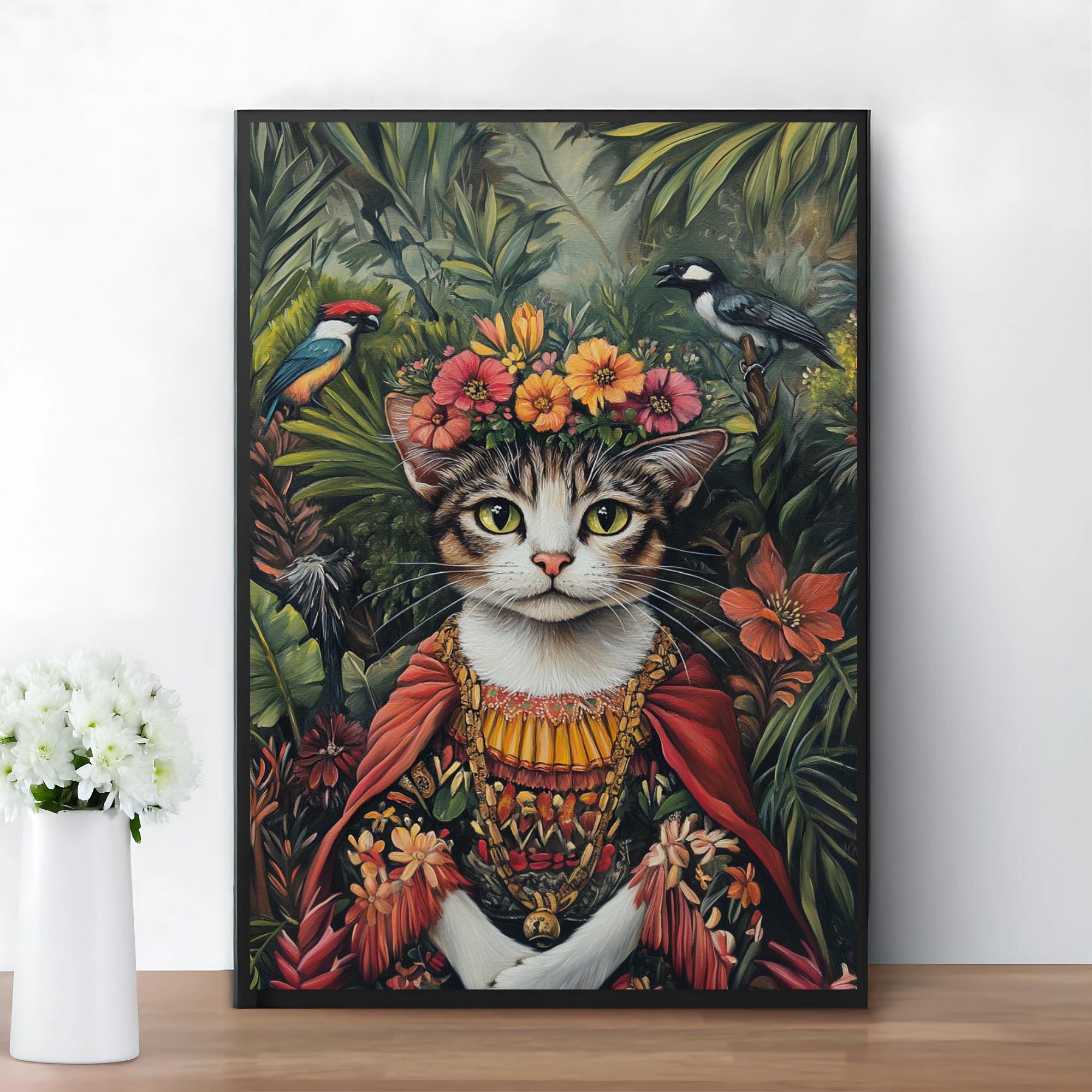 Frida Kahlo Cat Art, Whimsical Frida Poster, Cat Lover Decor, Mexican ...