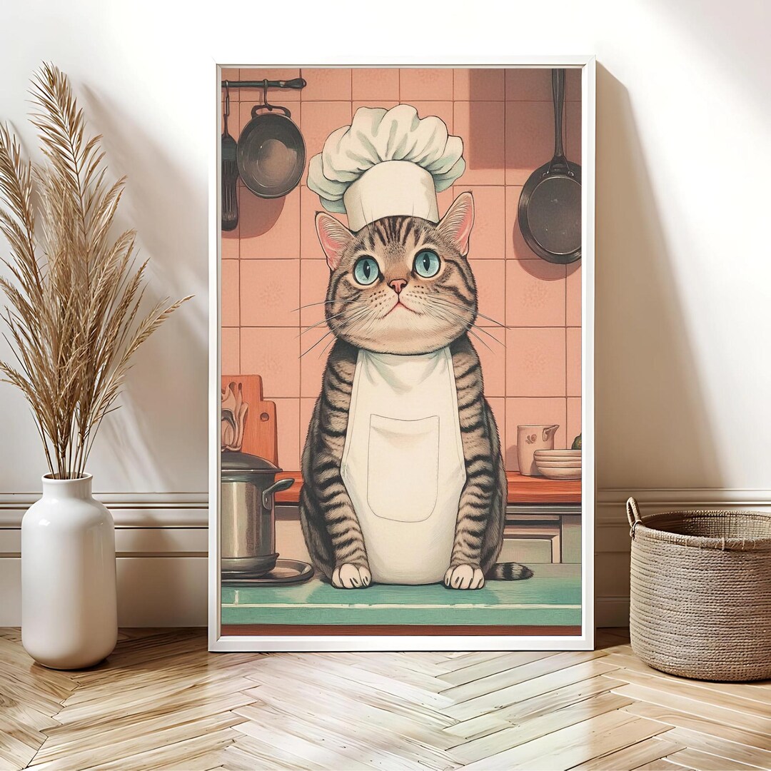Grey Tabby Cat in A Chef's Hat, Japanese Kitchen Art, Cat Lover Gift ...