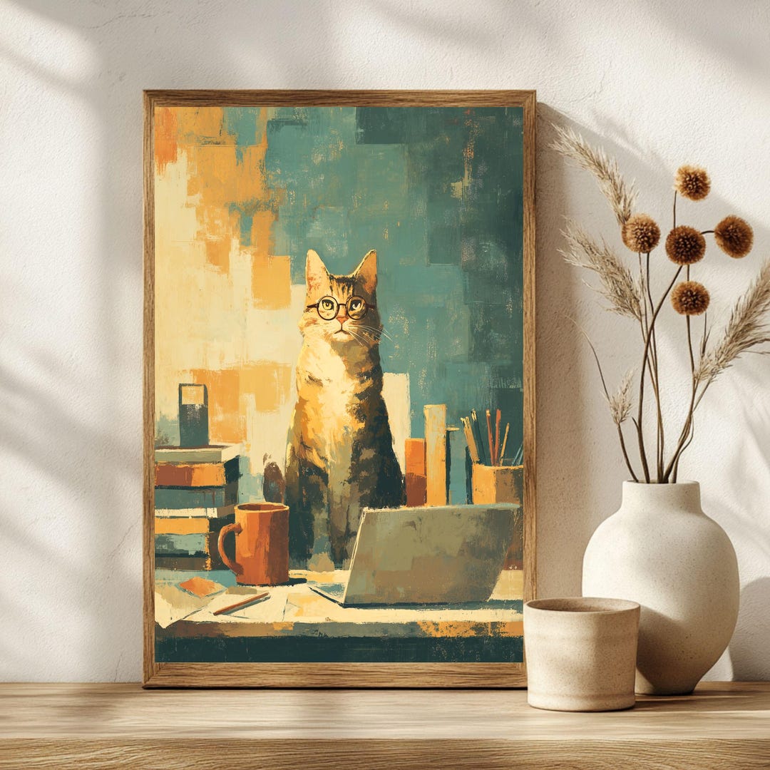 Remote Work Cat Digital Art Print | Funny Cat Poster | Home Office ...