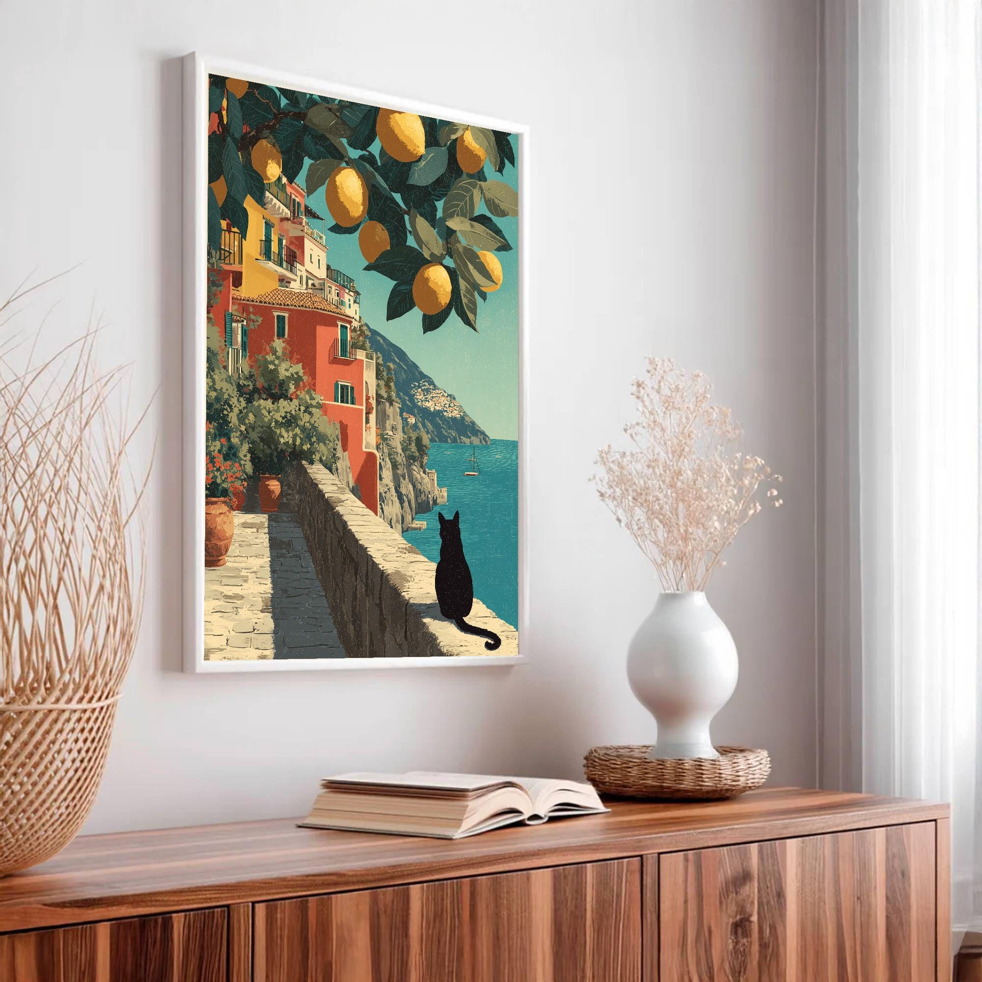 Amalfi Lemon Canopy Cat Art Print | Charming Cat Silhouette Poster ...