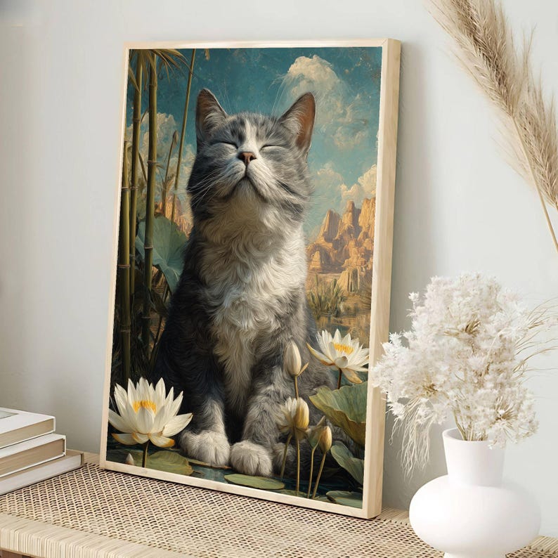 Dreamy Surreal Cat Art Print | Tranquil Feline Decor | Calm Wall Art ...