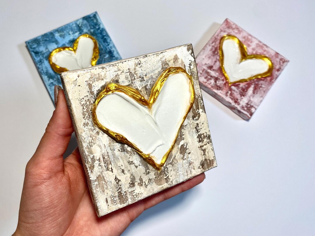 Original Acrylic Small Painting of Hearts Gold Textured Abstract Art ...