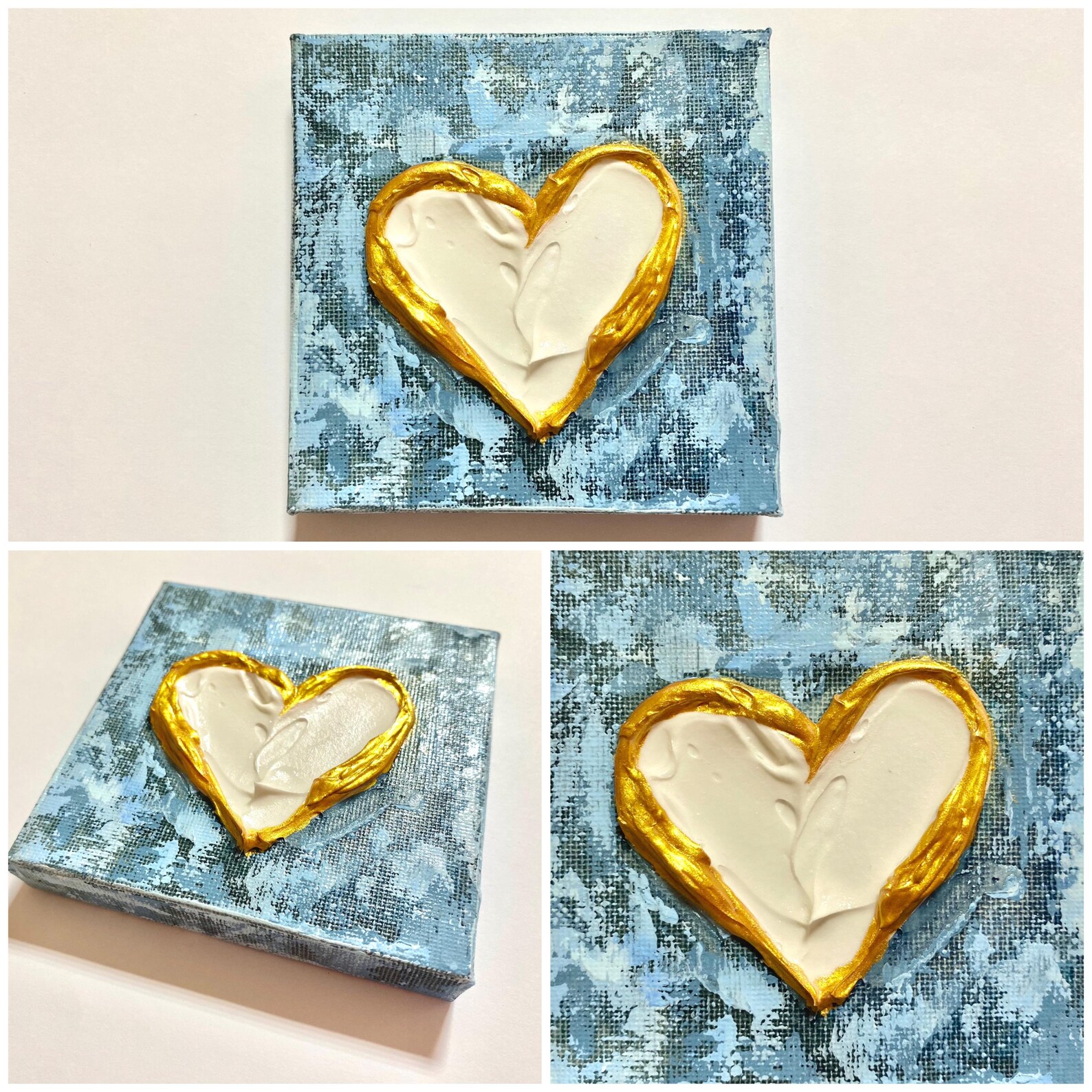 Original Acrylic Small Painting of Hearts Gold Textured Abstract Art ...