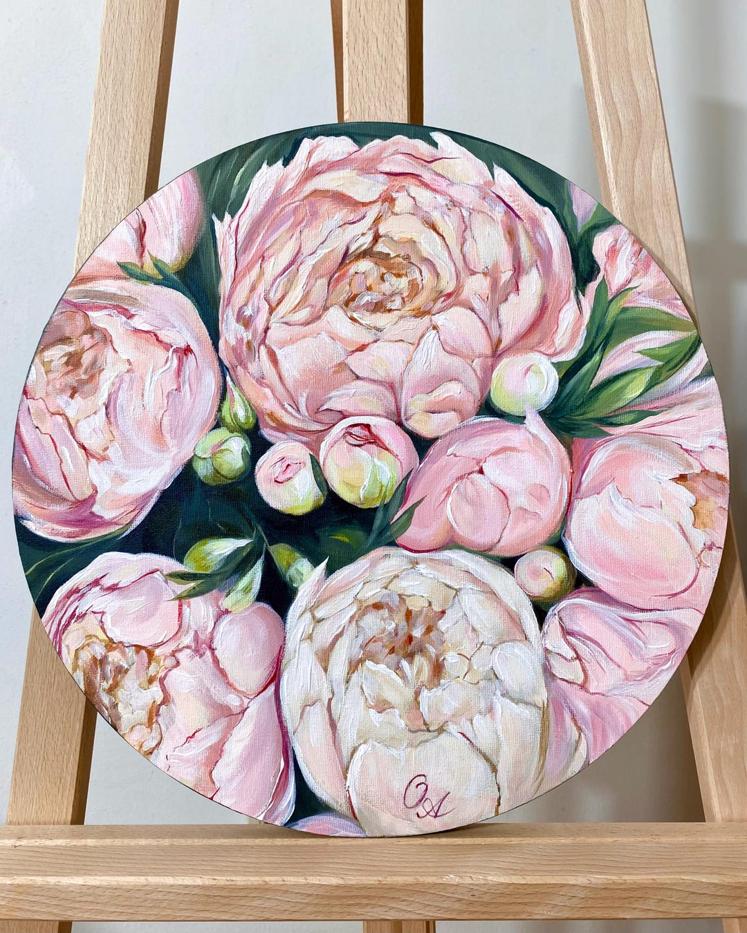Round Original Peonies Acrylic Painting Hand-painted on Canvas Gift for ...