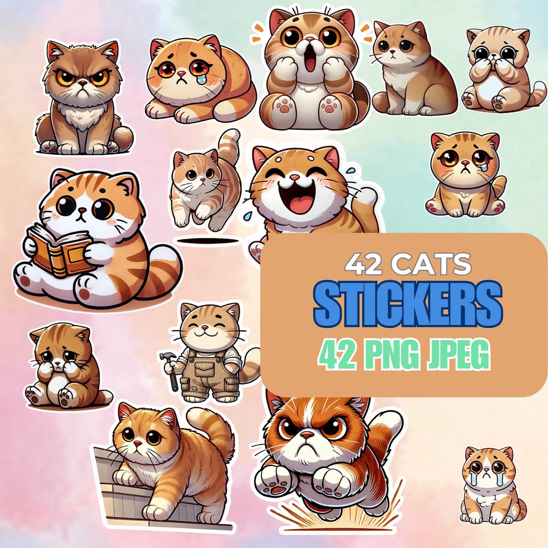 Cat-themed Sticker Set - Cute Digital PNG Downloads, Sticker Downloads ...