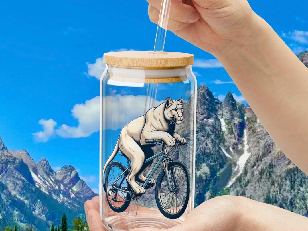 Mountain Lion Riding Bike 16 Oz Sipper Glass Iced Coffee Cocktail Soda ...