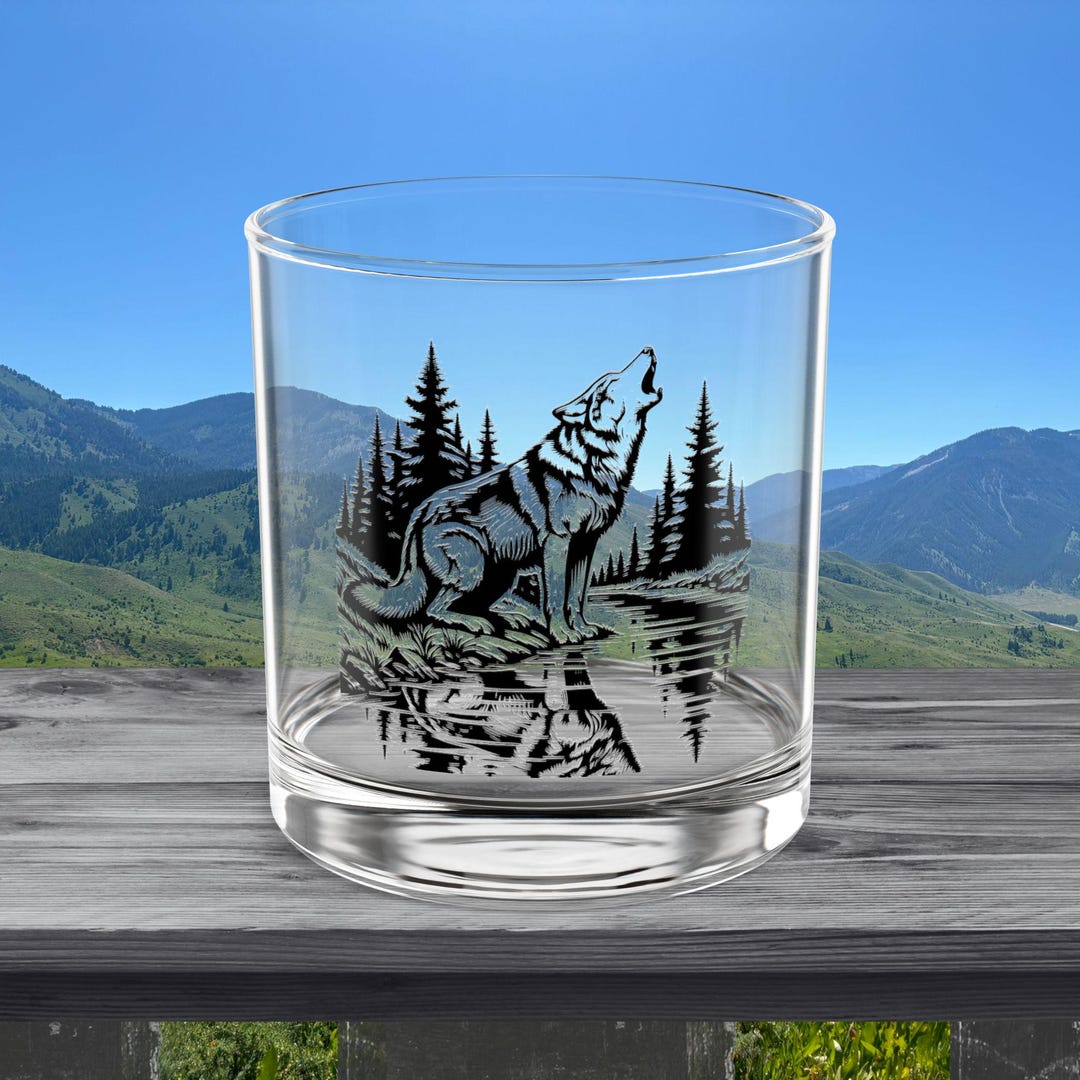 Wolf Howling @ Mountain Stream 10 Oz Rocks Glass Made in USA Dad Gift ...