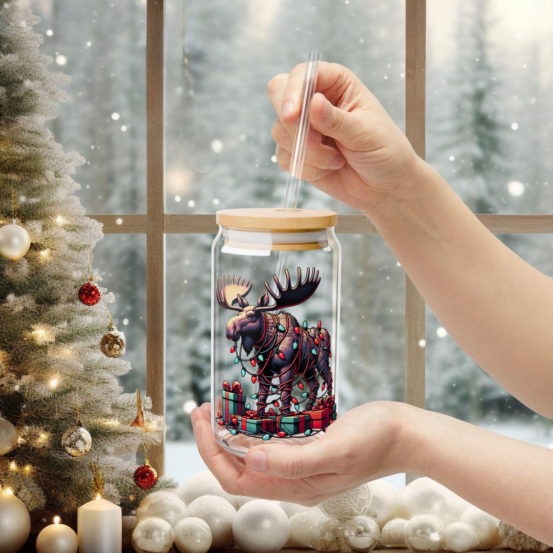 Christmas Moose 16 Oz Sipper Glass Iced Coffee Cup With Bamboo Lid ...