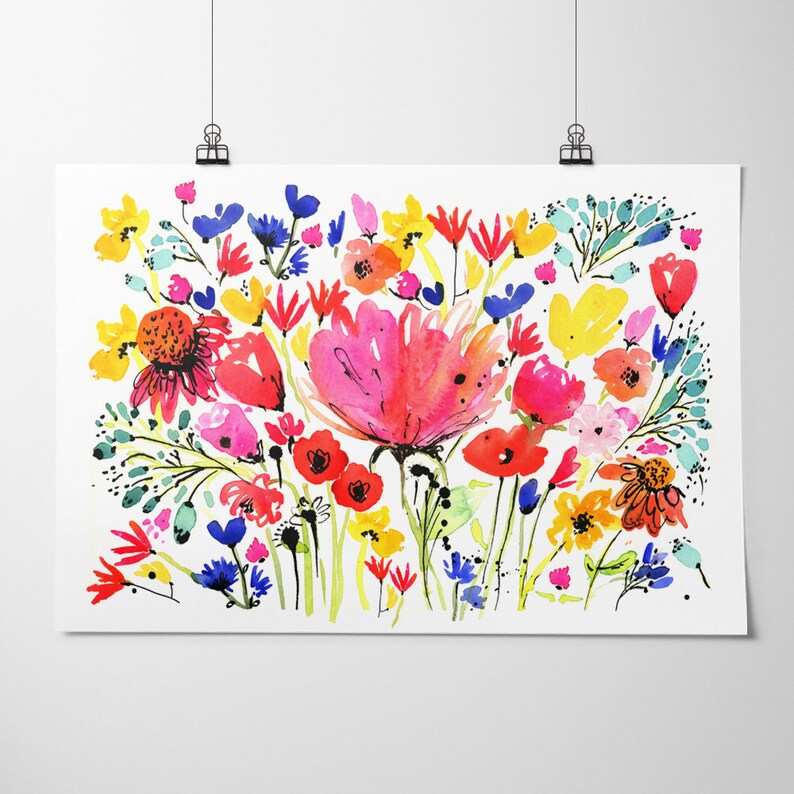 Abstract Flower Field Art Print: Colorful Watercolor Floral Garden - Etsy