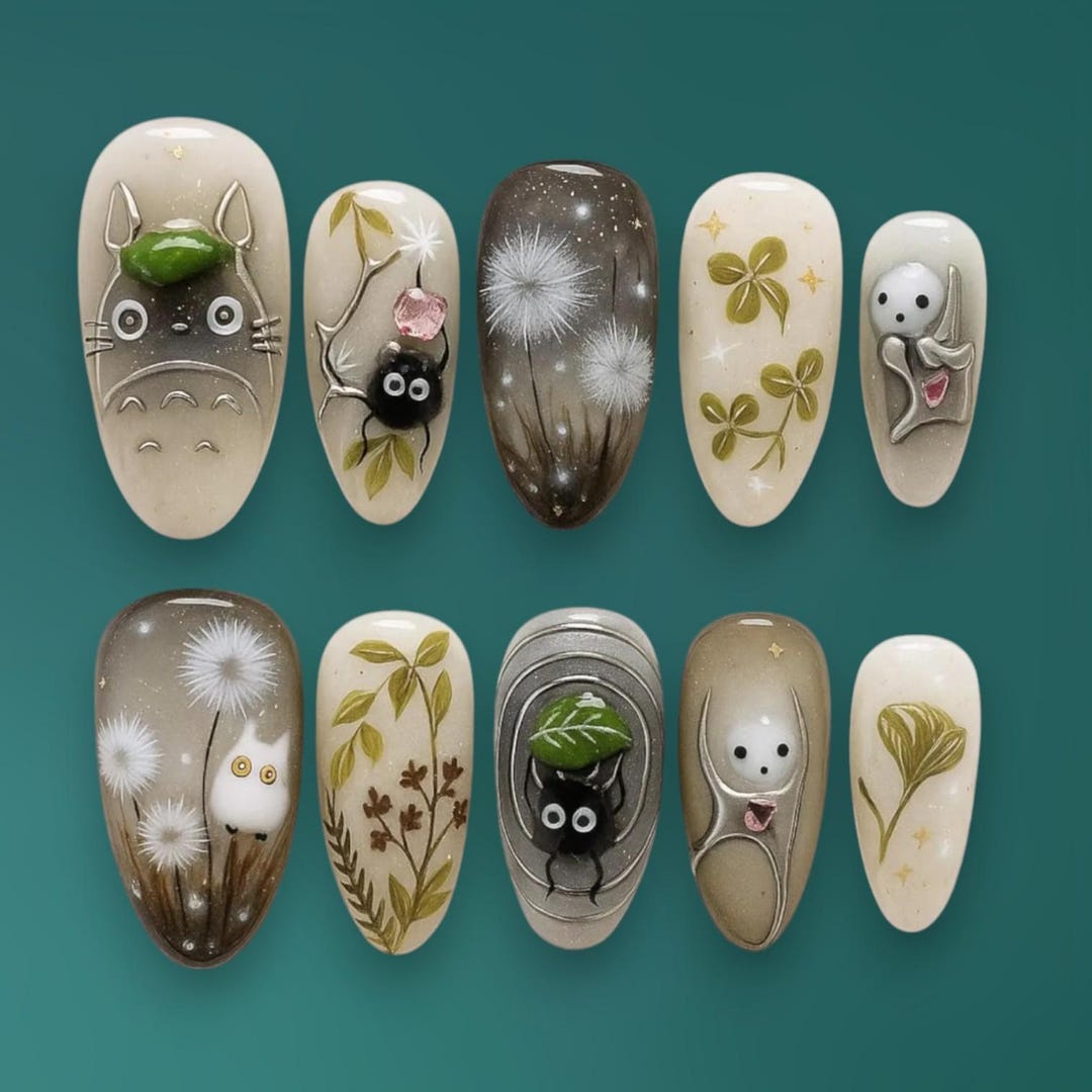 Totoro Nail Art Set, Dandelion and Clover Design, Handmade Gel Nails ...