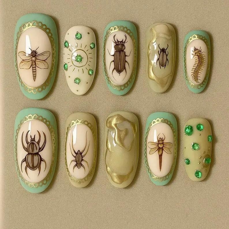 Bug Insect Nail Art Set, Green Gold Gothic Press on Nails, Creepy Cute ...