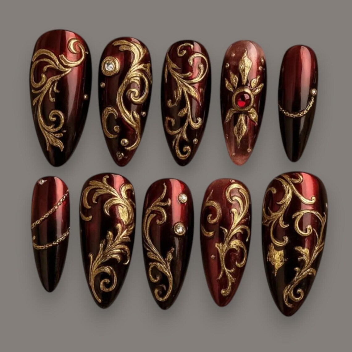 Gothic Red Black Fake Nails, Luxury Nail Art Handcrafted With Gold ...
