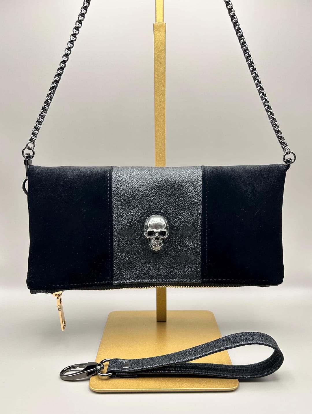 Black Velvet Gothic Skull Clutch Faux Leather Wristlet. Handmade Punk ...