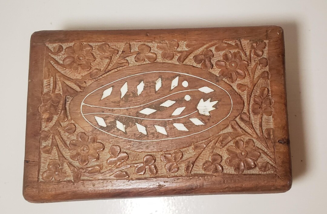 Vintage Hand Carved Wooden Trinket Box With Ivory Inlay - Etsy