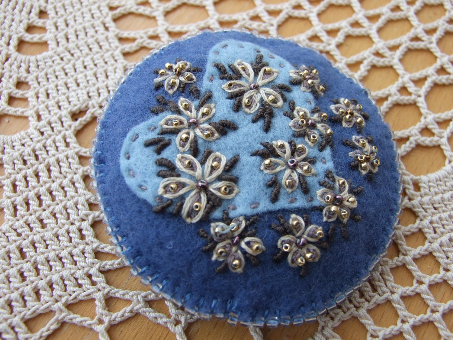 Hand Embroidered Blue Heart and Flowers Pin | Etsy