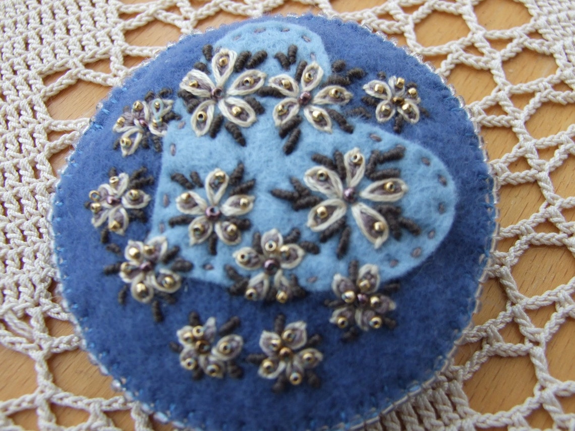 Hand Embroidered Blue Heart and Flowers Pin | Etsy