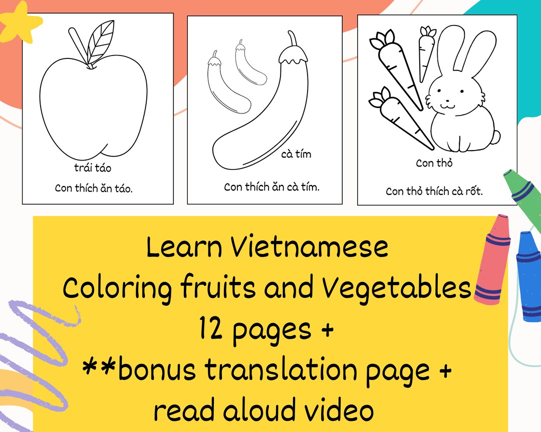 Learn Vietnamese W/coloring 12 Pages of Common Fruits and Vegetables ...