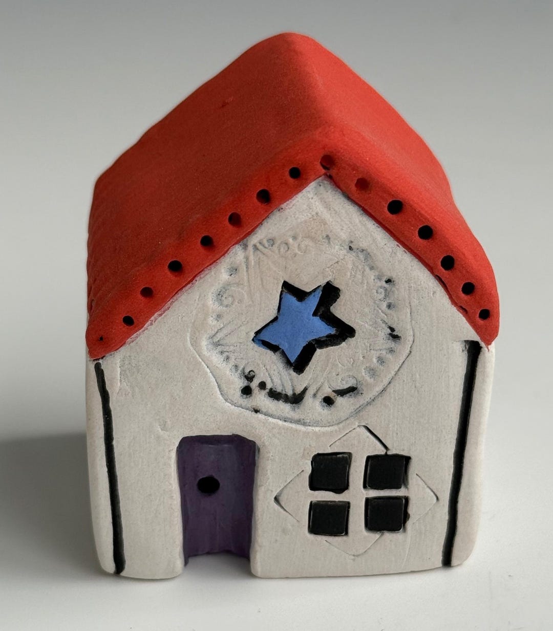 Handbuilt Ceramic House Sculpture: White House With Red Door, Tiny ...