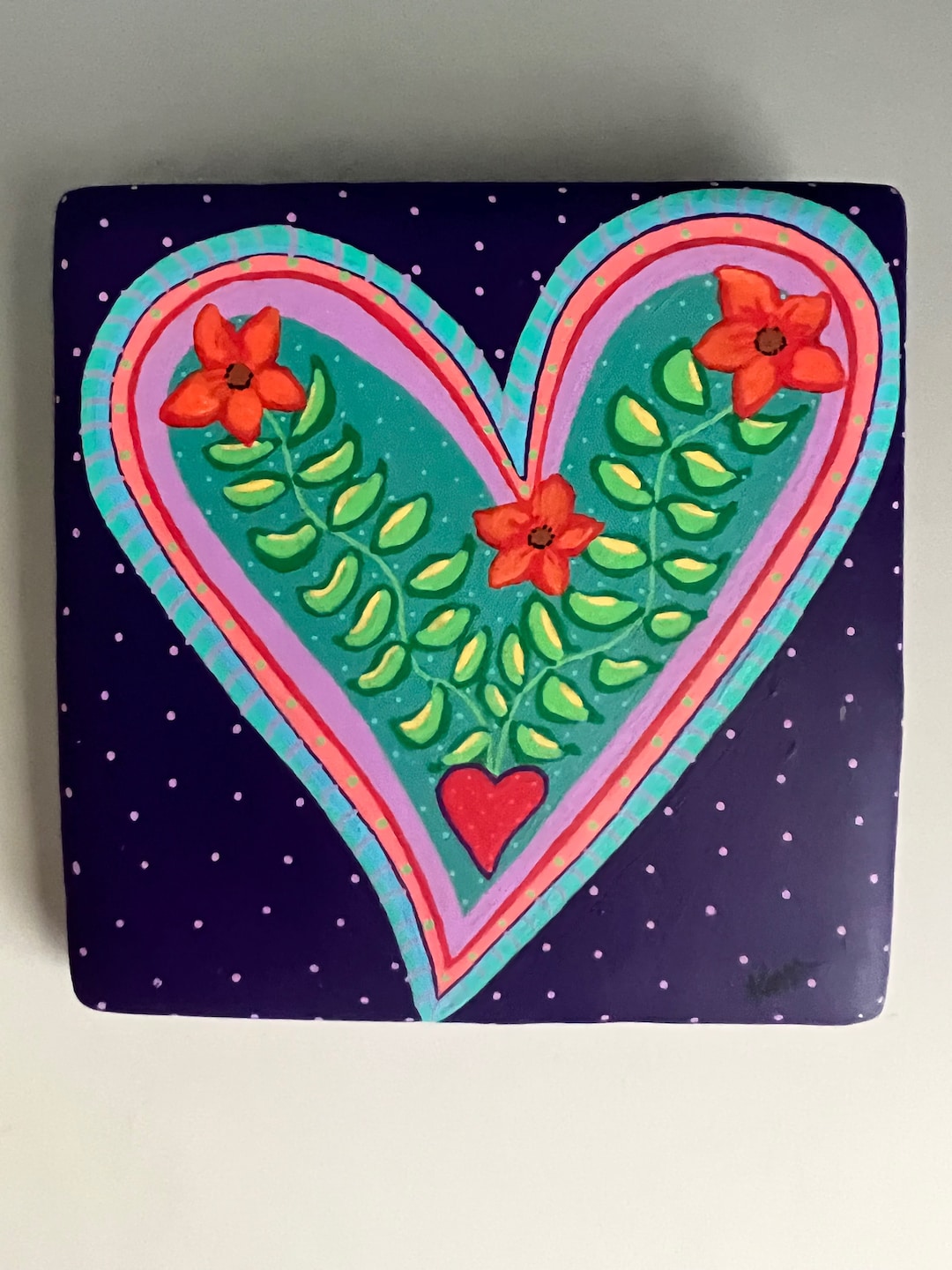 CLAY TILE With Painted HEART, Heart, Pink Heart, Ceramic Tile Heart ...