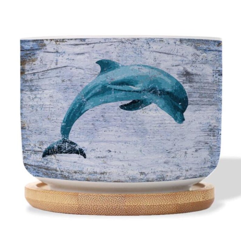 Sea Coastal Ocean Theme Dolphin Small Ceramic Pots Vintage Blue Wood ...