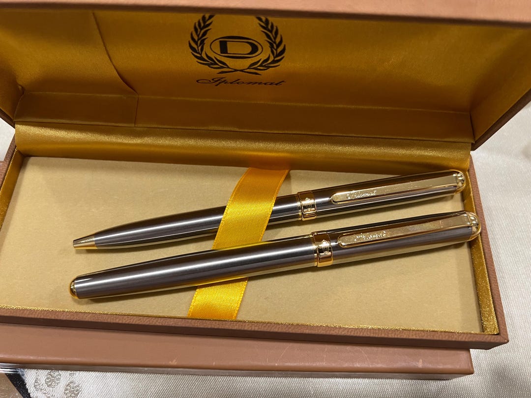 New Set of Two Lord Diplomat Fountain and Ball Point Pen in Gold and ...
