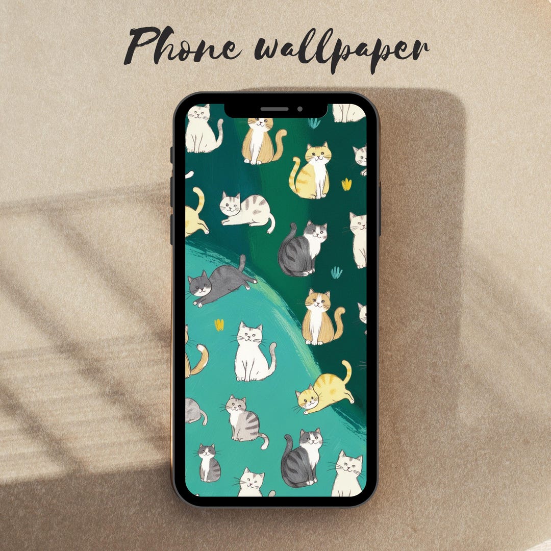 Cat Wallpaper for Phone, Colorful Dark Green, Cat Lover Illustration ...
