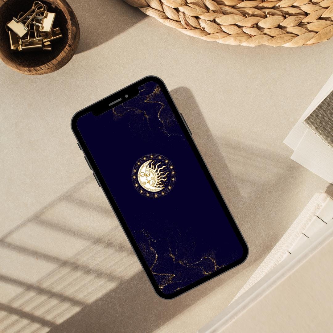 Sun and Moon iPhone Wallpaper | Boho Witchy Aesthetic Phone Background | Dark Blue Whimsical ...