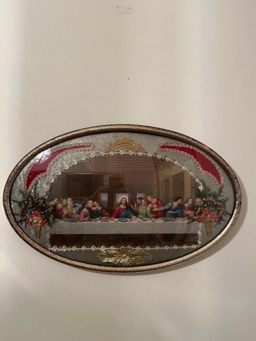 Vintage Oval Bubble Convex Class "the Last Supper" Oleograph Diorama ...