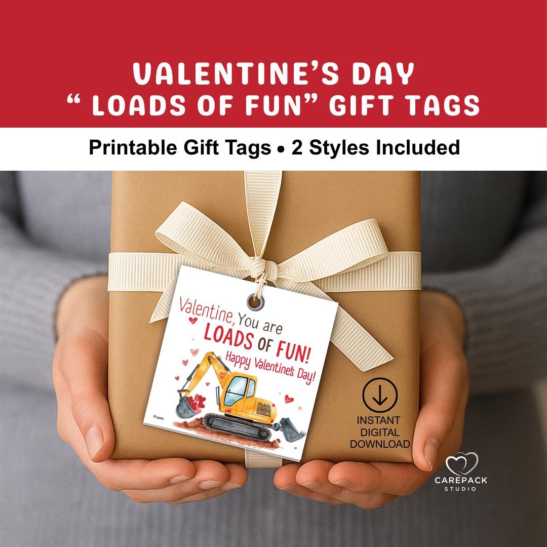 Kids Construction Valentine Gift Tags Printable, Digger Loads of Fun ...