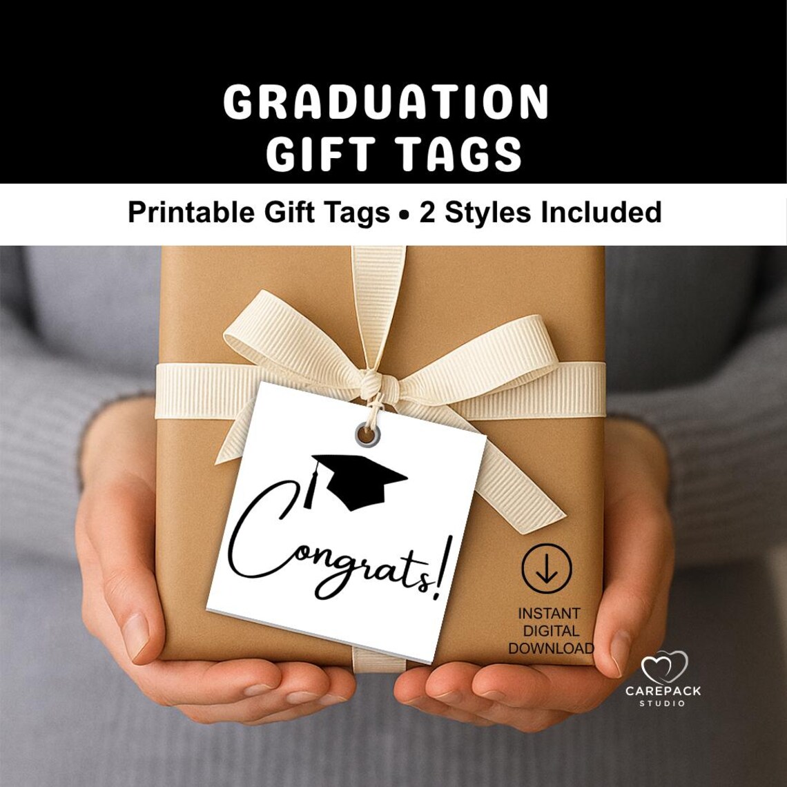 Minimalist Graduation Gift Tags, Printable Congrats Black Grad Square ...