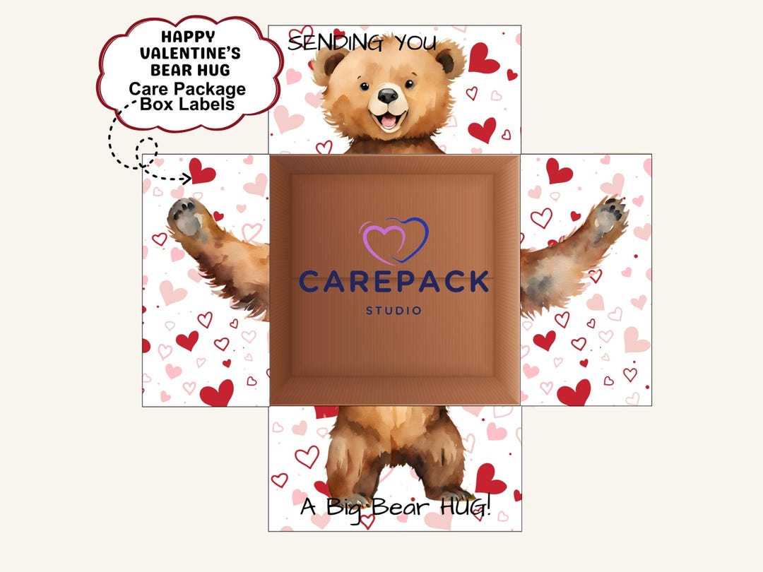 Bear Hug Valentines Day Care Package Printable Label Box Flap College ...