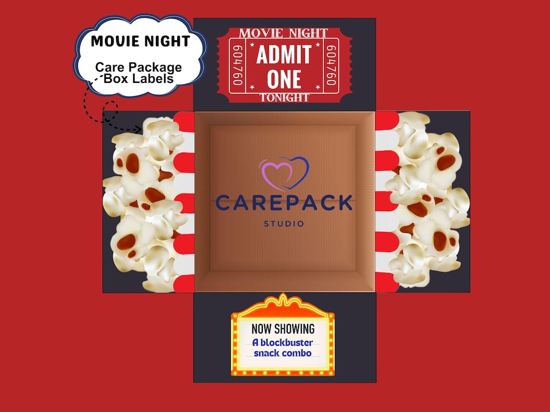Movie Night Care Package Box Label, Instant Download Printable ...