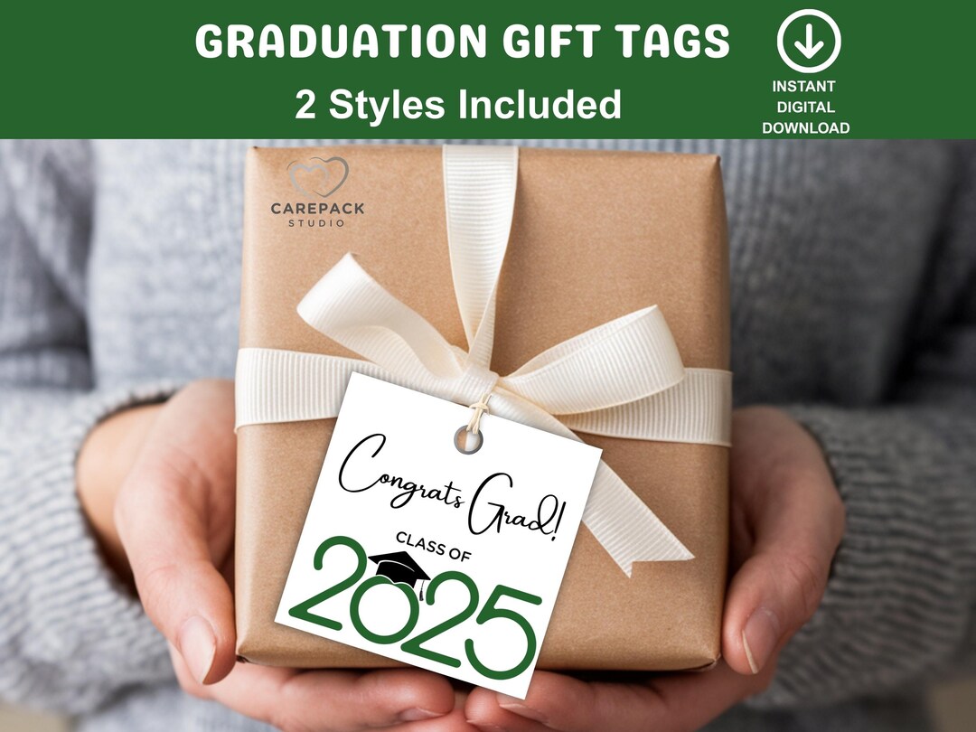 Congrats Grad Class of 2025 Gift Tag, Printable Green Graduation Square ...