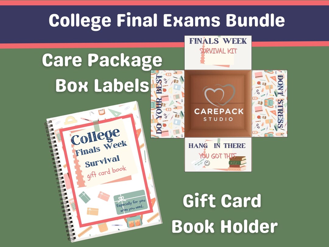 College Exams Bundle Printable Gift Card Holder Book and Care Package ...
