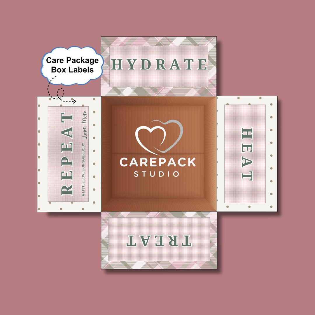 Hydrate Eat Treat Care Package Box Labels, Recovery & Comfort Kit Box ...
