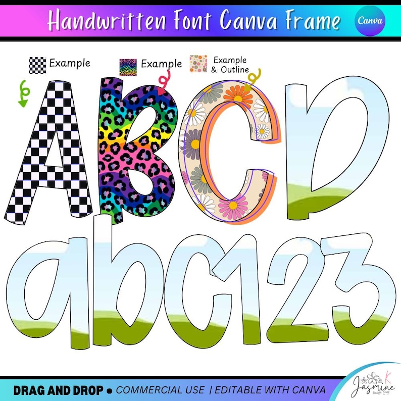 Preppy Canva Letter and Number Handwriting, Canva Alpha Doodle Frames ...