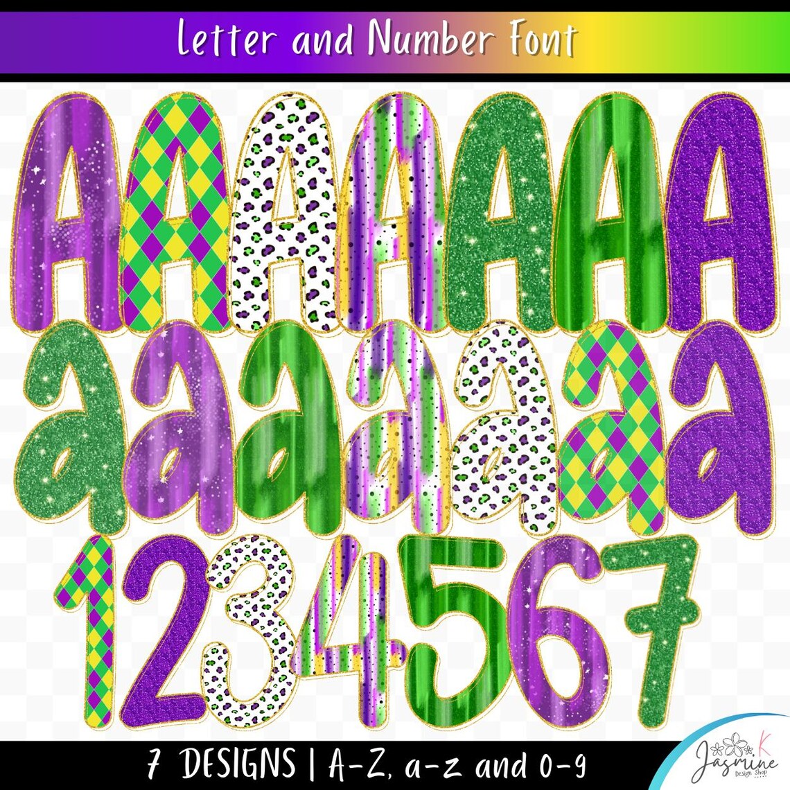Preppy Glister Mardi Gras Alphabet Png, Purple Yellow and Green Letters ...