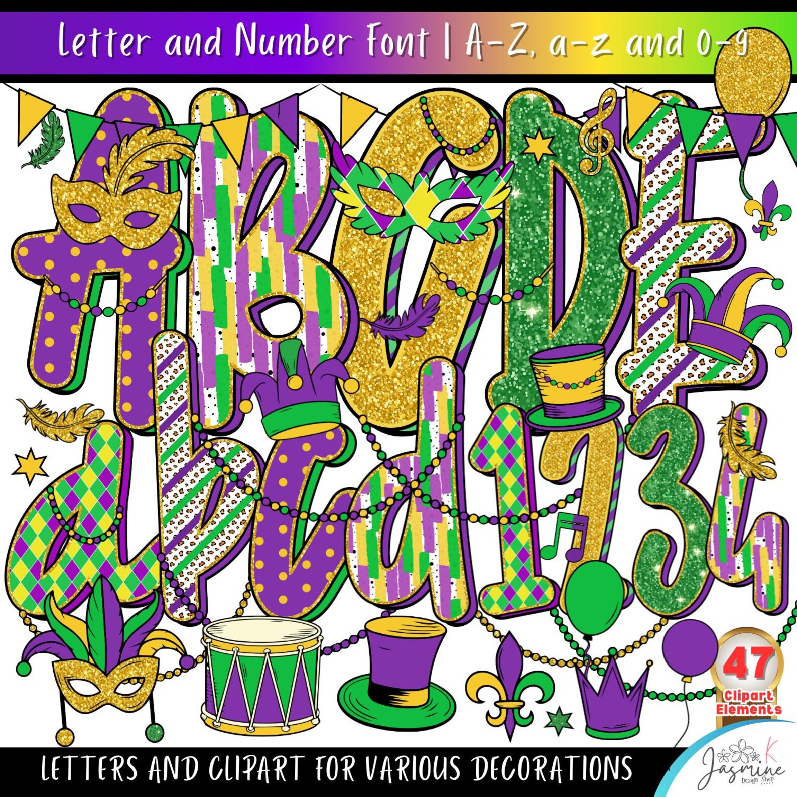 Preppy Mardi Gras Alphabet Png, Purple Yellow and Green Letters and ...