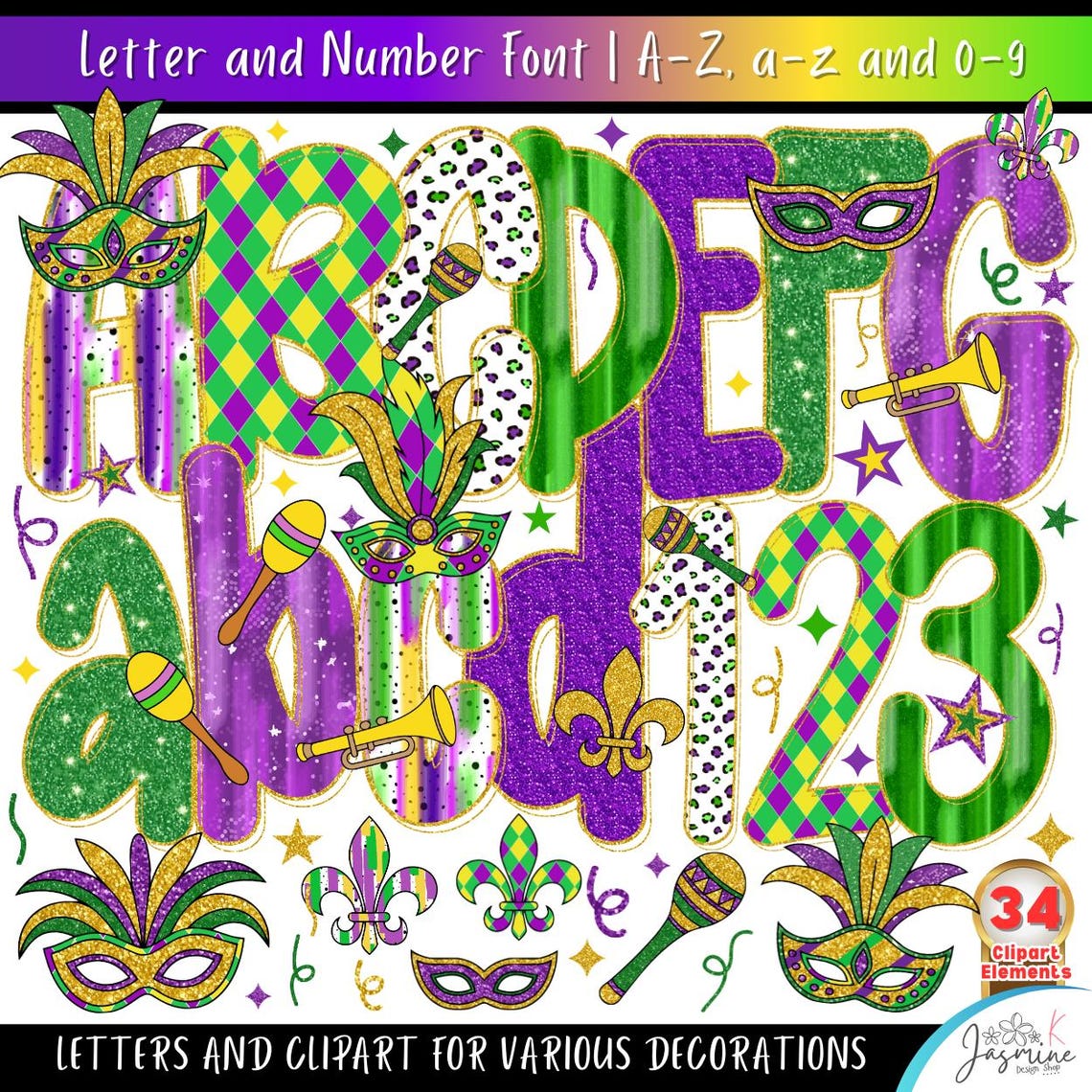 Preppy Glister Mardi Gras Alphabet Png, Purple Yellow and Green Letters ...