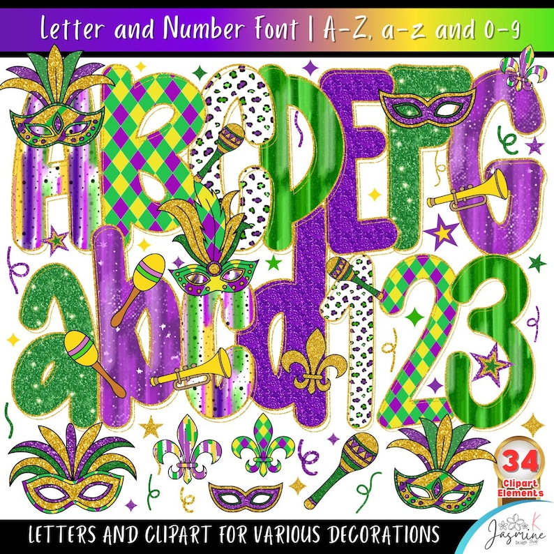 Preppy Glister Mardi Gras Alphabet Png, Purple Yellow and Green Letters ...
