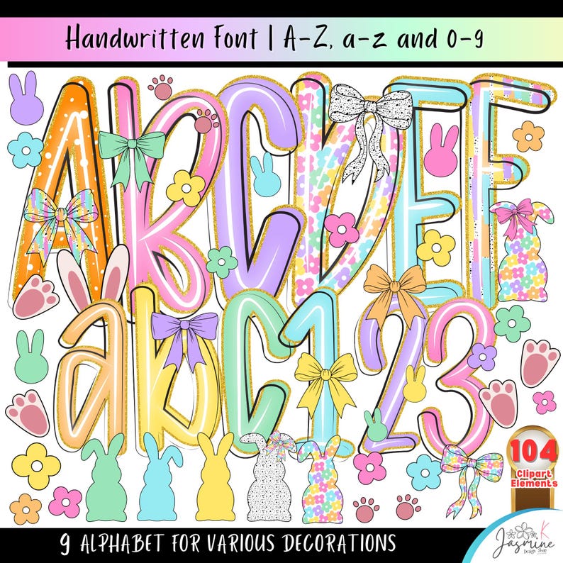 Easter Alphabet Png Clipart, Letter and Number Bundle, Bunny Doodle ...