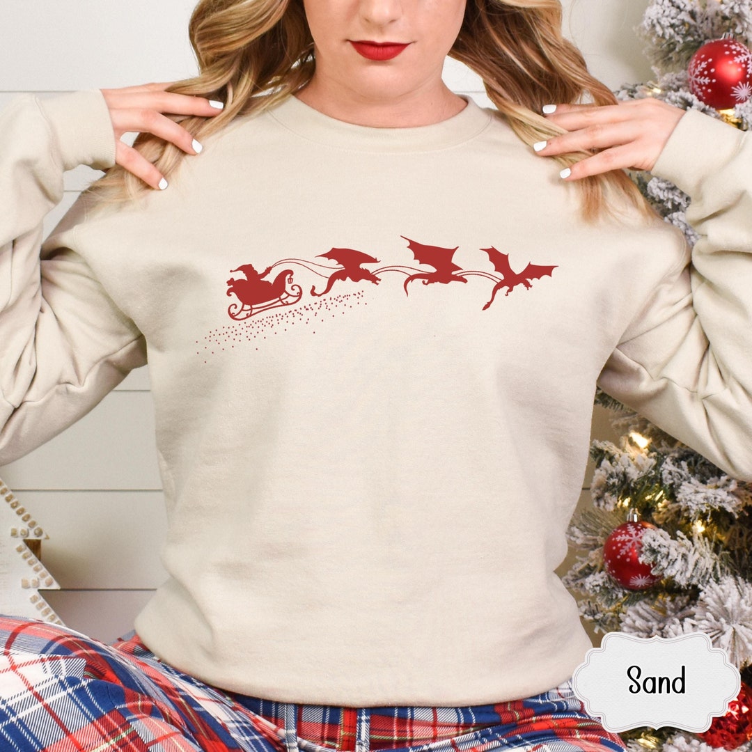 Whimsical Dragon Sleigh Holiday Sweatshirt Cozy Fantasy Christmas ...