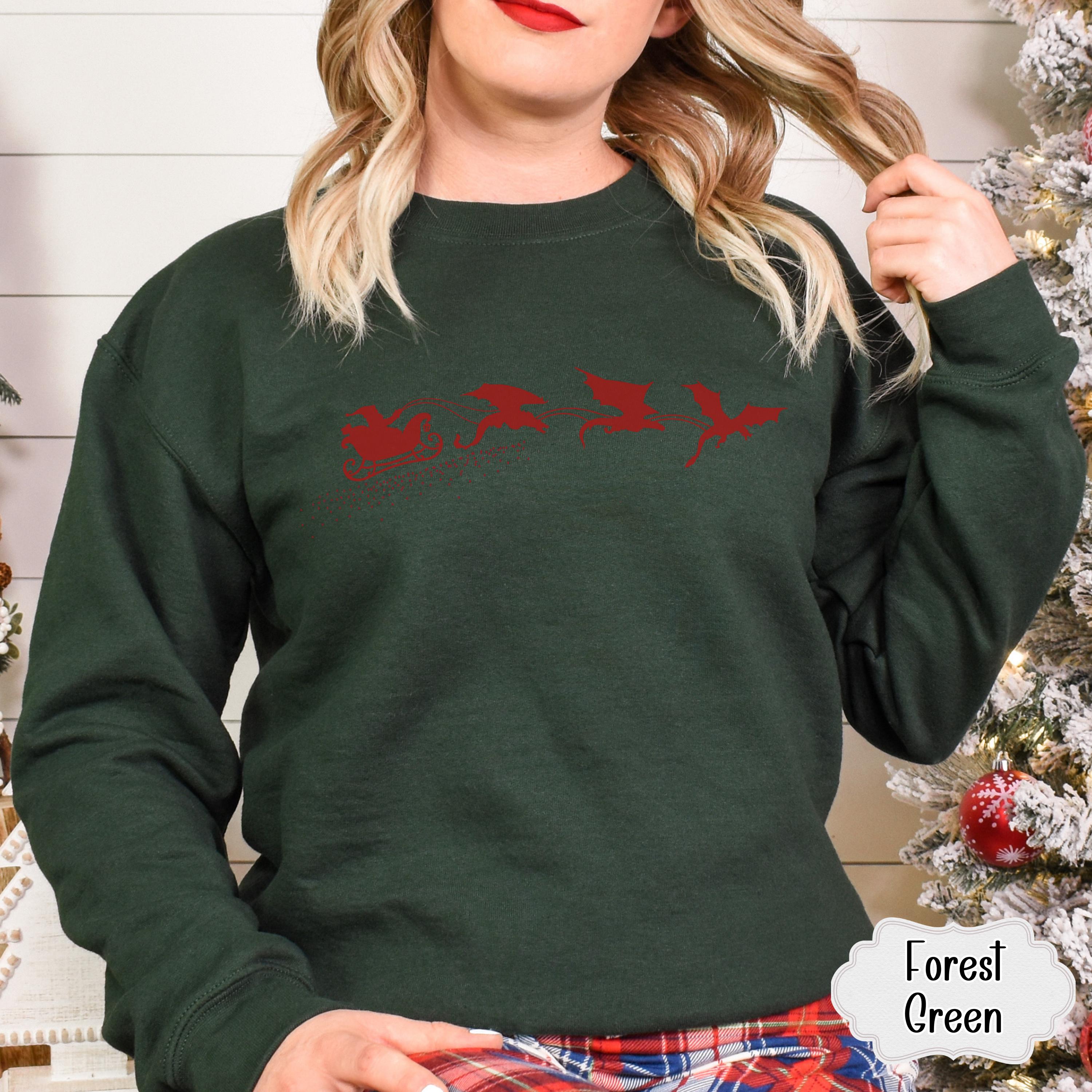 Whimsical Dragon Sleigh Holiday Sweatshirt | Cozy Fantasy Christmas ...