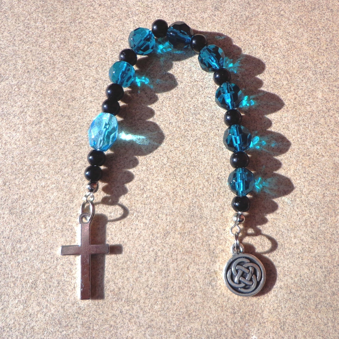 Chaplet, Anglican, Silver Tone Slim Cross, One Week Prayer Beads, Teal ...